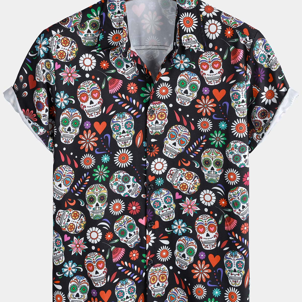 Men's Flower Skull Colorful Graphic Button Up Short Sleeve Punk Rock A ...