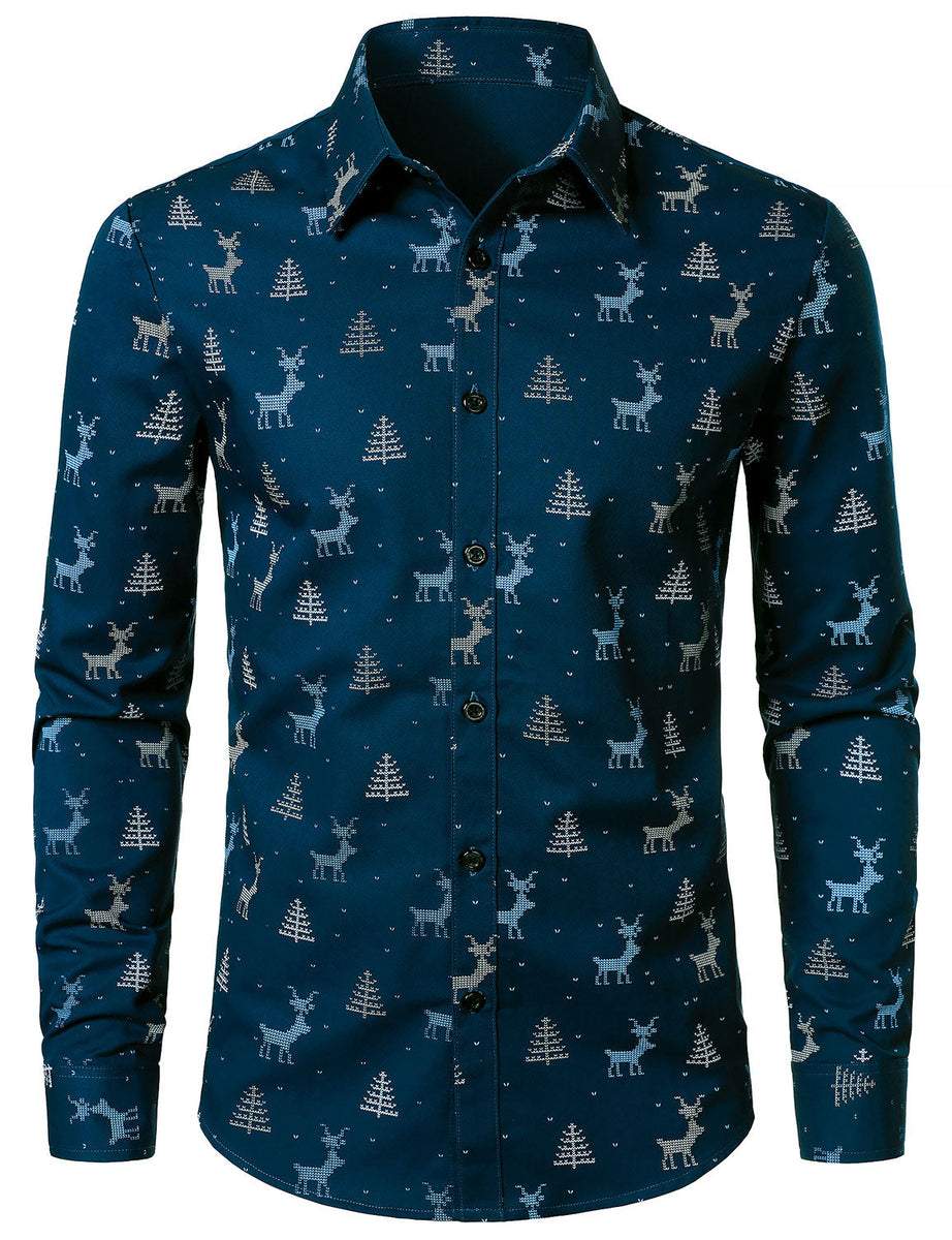 Men's Christmas Tree Elk Print Breathable Navy Blue Long Sleeve Shirt ...