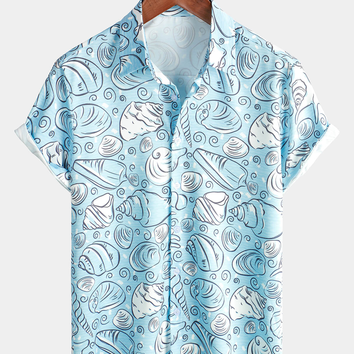 Men's Ocean Button Up Short Sleeve Beach Shell Aloha Light Blue Hawaii ...