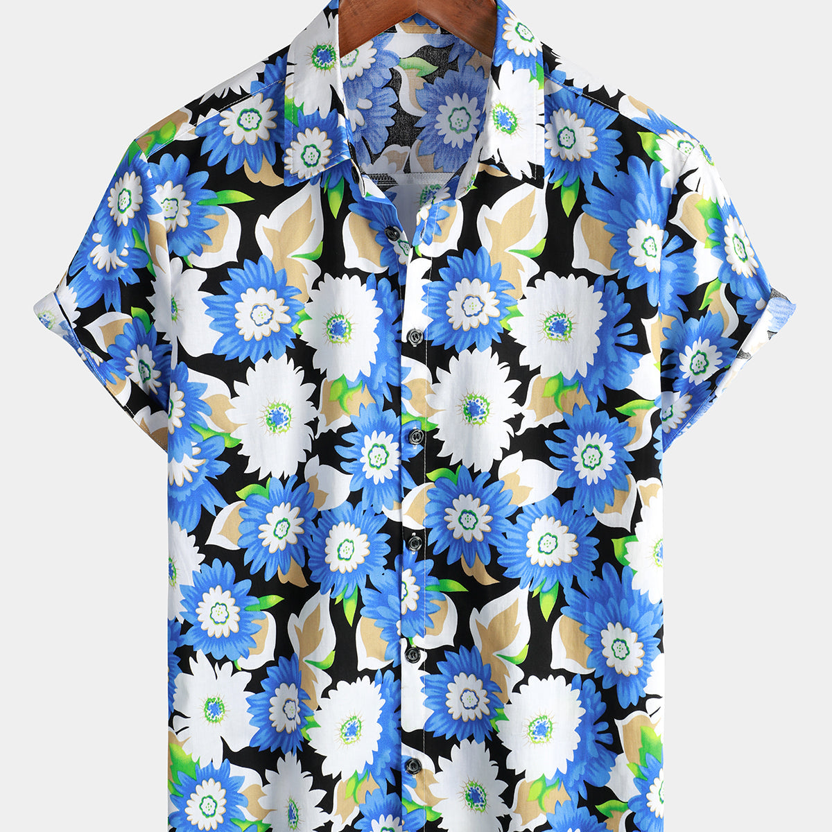 Men's Floral Print Breathable Cotton Cool Short Sleeve Blue Flower But ...
