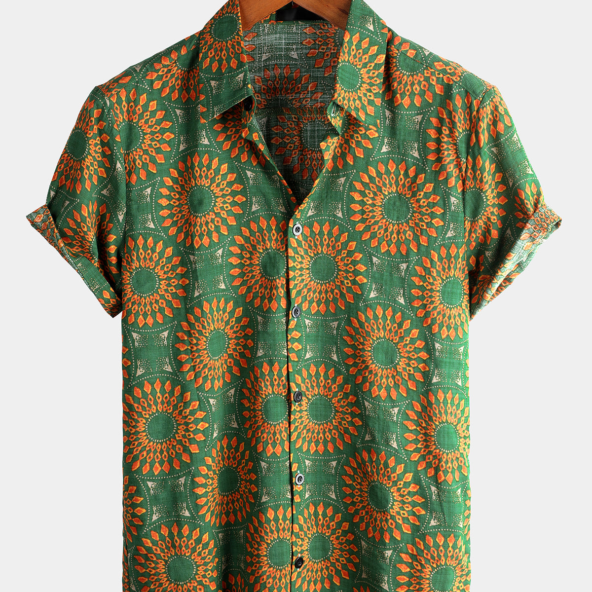 Men's Cotton Vintage 70s Floral Retro Button Up Green Summer Beach Boh ...